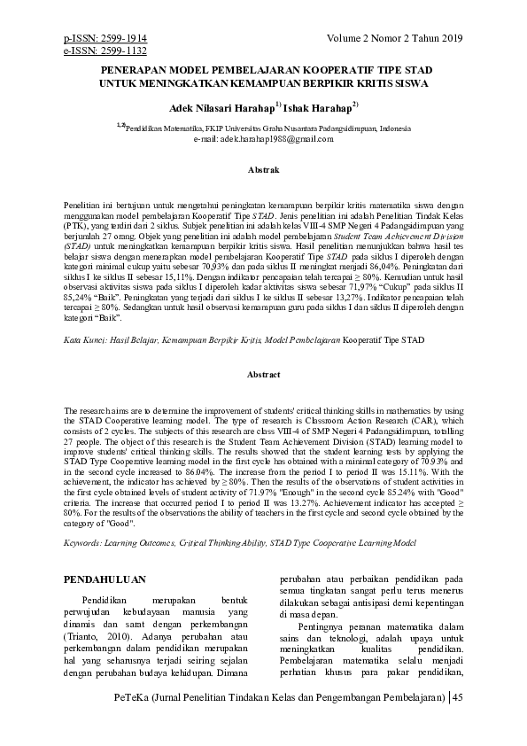 (PDF) Penerapan Model Pembelajaran Kooperatif Tipe Stad Untuk Meningkatkan Kemampuan Berpikir ...