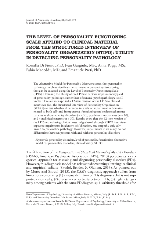 (PDF) The Level of Personality Functioning Scale Applied to Clinical ...