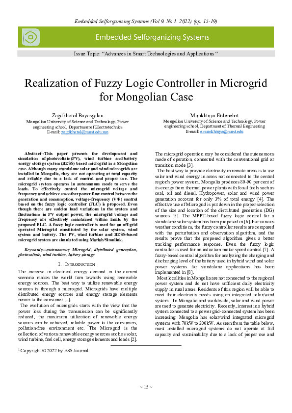 Pdf Realization Of Fuzzy Logic Controller In Microgrid For Mongolian Case