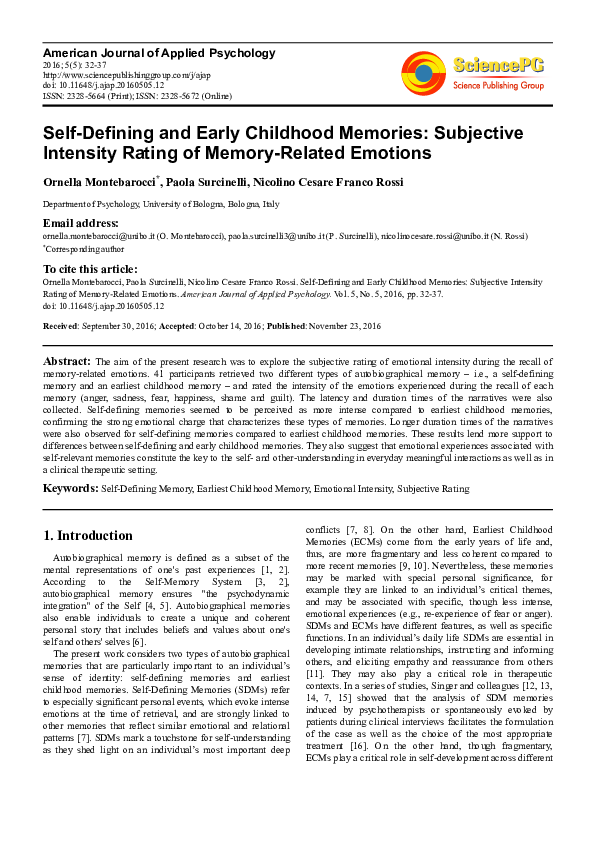 (PDF) Self-Defining and Early Childhood Memories: Subjective Intensity ...