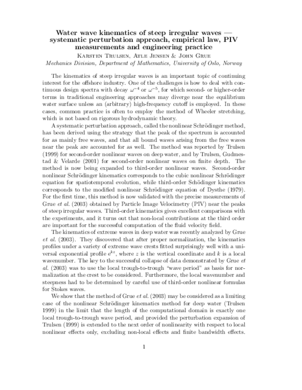 (PDF) Water wave kinematics of steep irregular waves — systematic ...