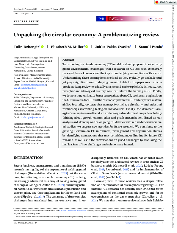 (PDF) Unpacking the circular economy A problematizing review