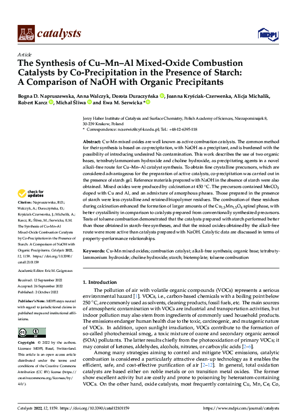 (PDF) The Synthesis of Cu–Mn–Al Mixed-Oxide Combustion Catalysts by Co ...