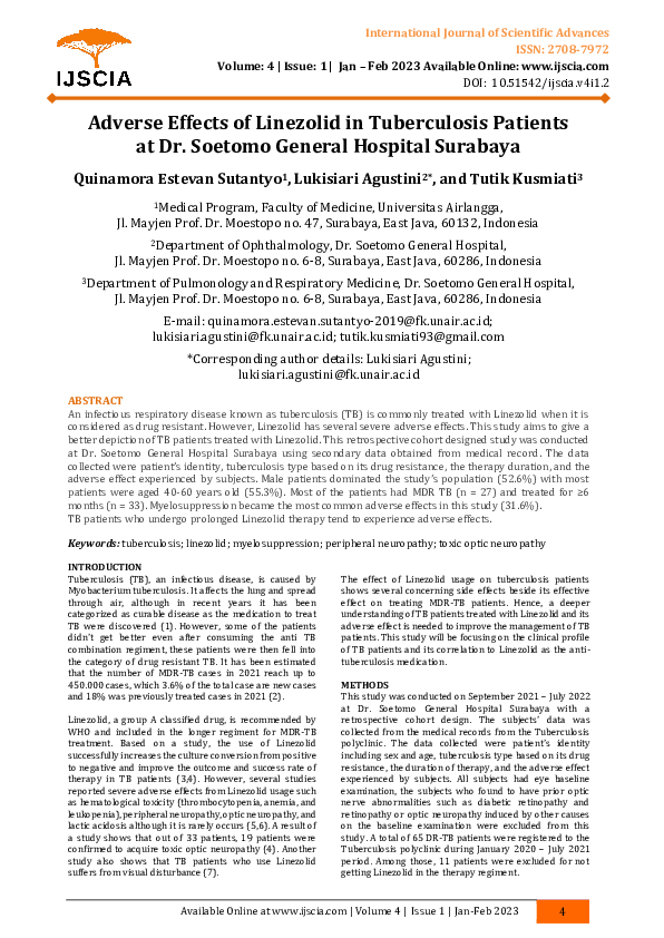 (PDF) Adverse Effects of Linezolid in Tuberculosis Patients at Dr ...