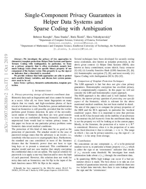 (PDF) Single-Component Privacy Guarantees in Helper Data Systems and ...