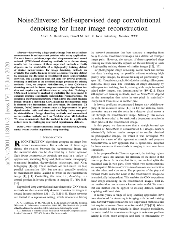 (PDF) Noise2Inverse: Self-Supervised Deep Convolutional Denoising for Tomography