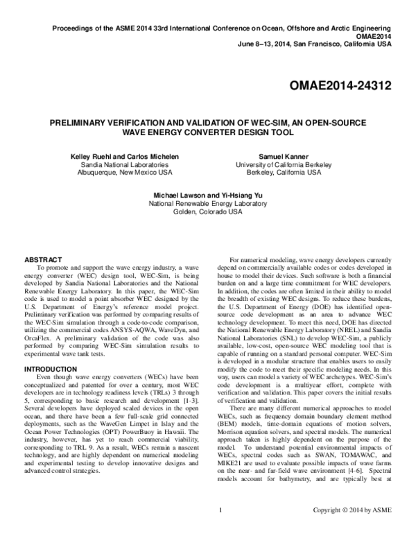 (PDF) Preliminary Verification and Validation of WEC-Sim, an Open-Source Wave Energy Converter ...