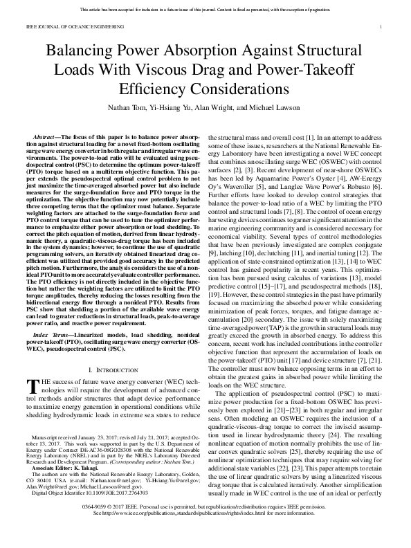 (PDF) Balancing Power Absorption Against Structural Loads With Viscous ...