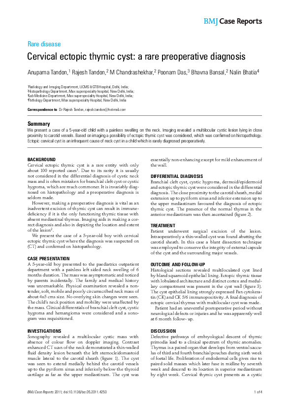 (PDF) Cervical ectopic thymic cyst: a rare preoperative diagnosis