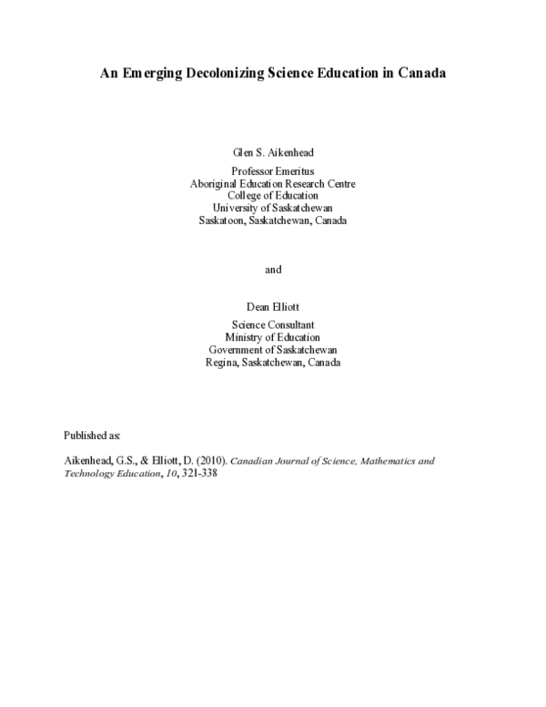(PDF) An Emerging Decolonizing Science Education in Canada