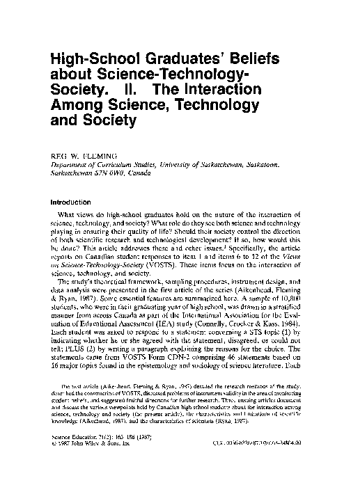 (PDF) High-school graduates' beliefs about science-technology-society ...