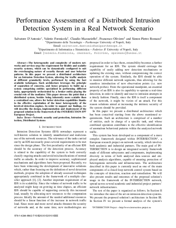 (PDF) Performance assessment of a distributed intrusion detection system in a real network scenario