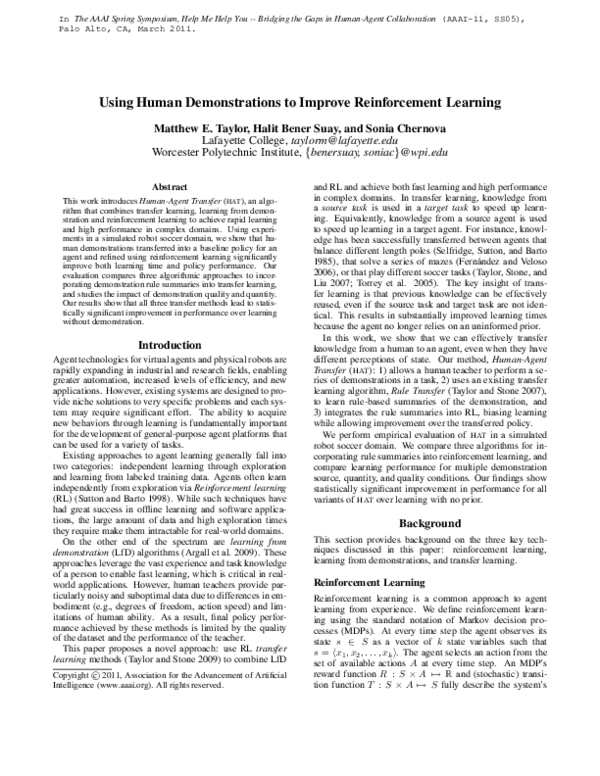 (PDF) Using human demonstrations to improve reinforcement learning