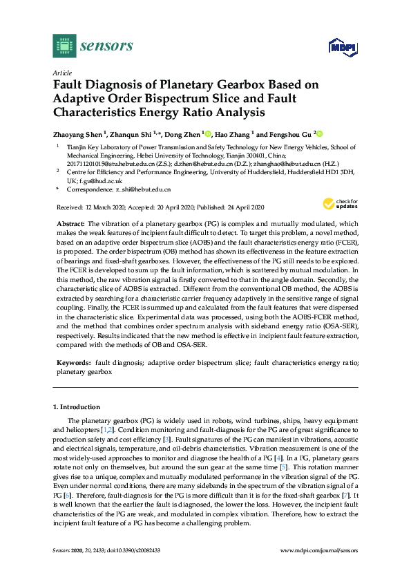 (PDF) Fault Diagnosis of Planetary Gearbox Based on Adaptive Order Bispectrum Slice and Fault ...