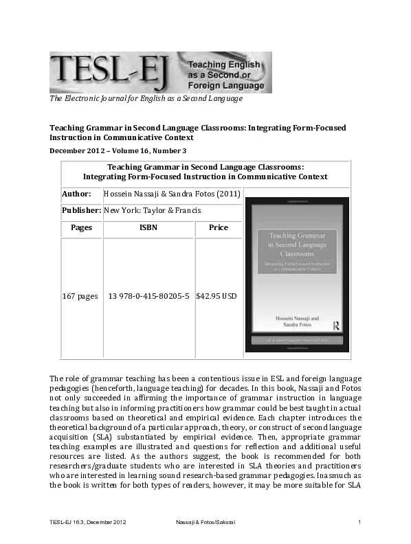 (PDF) Teaching Grammar in Second Language Classrooms: Integrating Form-Focused Instruction in ...