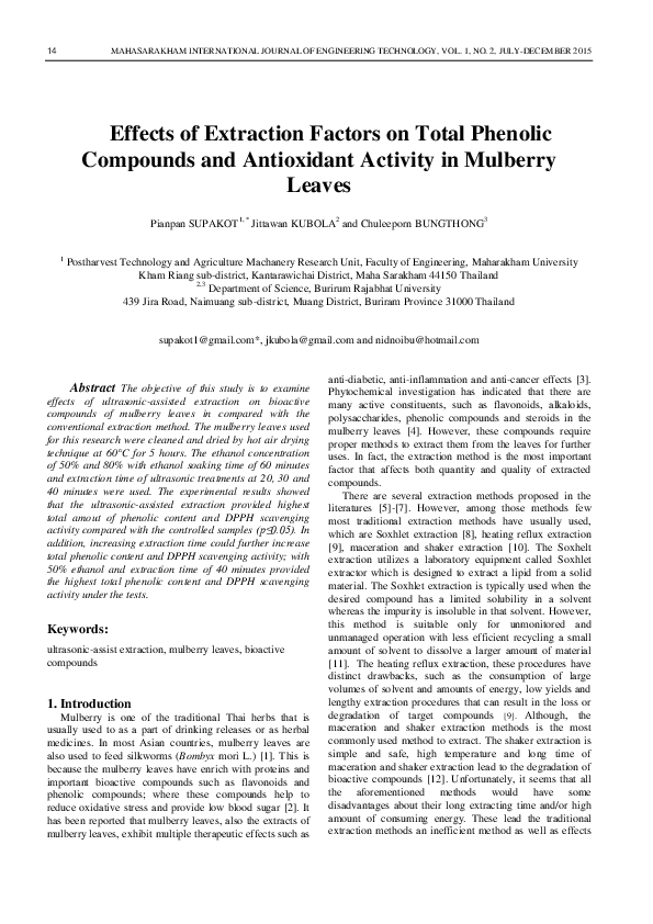 (PDF) Effects of Extraction Factors on Total Phenolic Compounds and ...