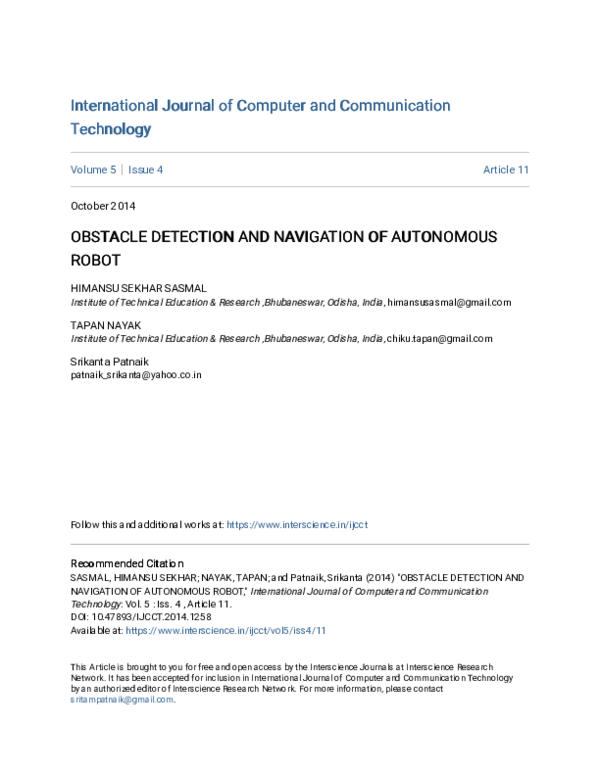 Pdf Obstacle Detection And Navigation Of Autonomous Robot