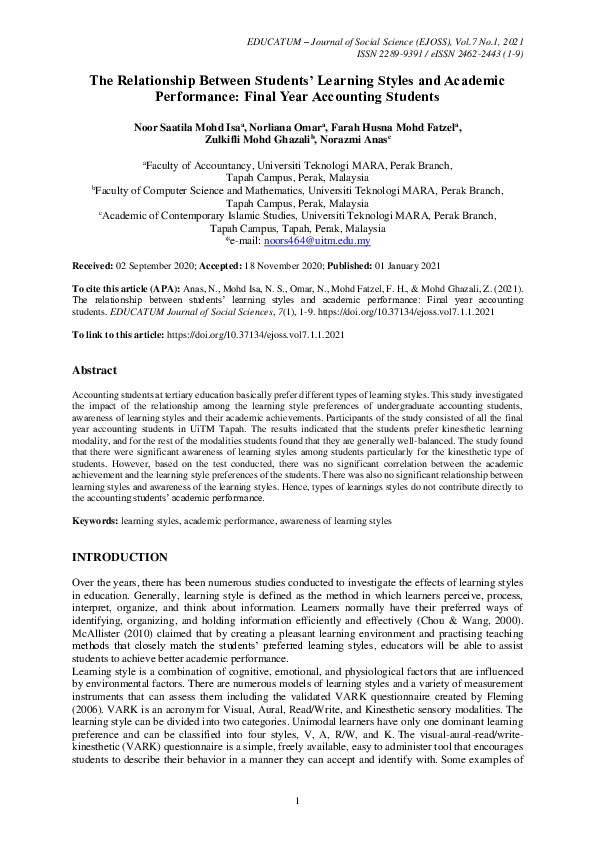 (PDF) The relationship between students’ learning styles and academic performance: Final year ...