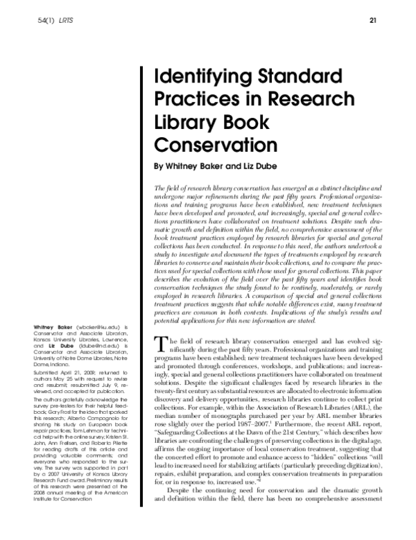 (PDF) Identifying Standard Practices in Research Library Book Conservation