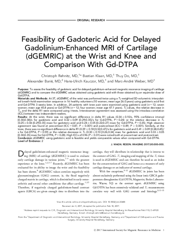 (PDF) Feasibility of gadoteric acid for delayed gadolinium-enhanced MRI ...
