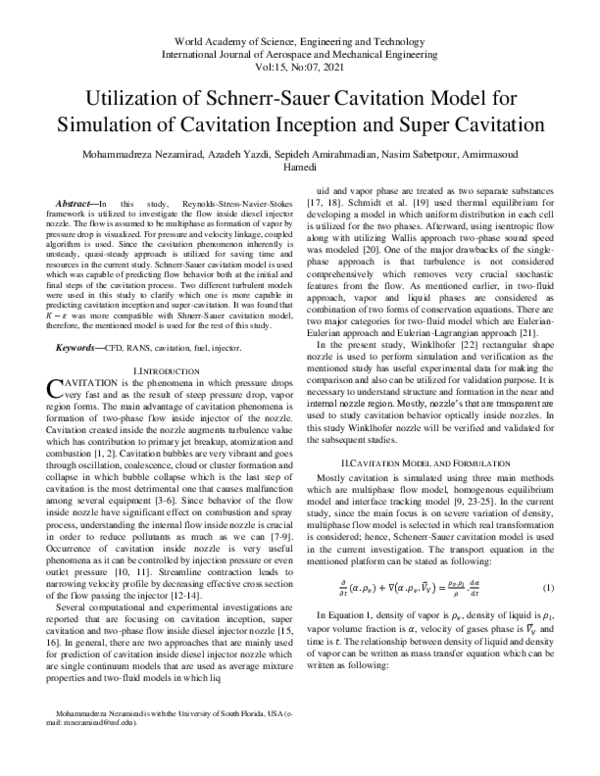 (PDF) Utilization of Schnerr-Sauer Cavitation Model for Simulation of ...