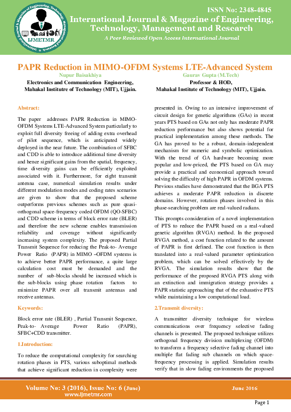 Pdf Papr Reduction In Mimo Ofdm Systems Lte Advanced System