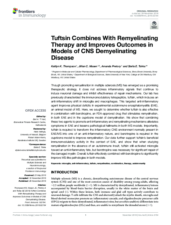 (PDF) Tuftsin Combines With Remyelinating Therapy and Improves Outcomes ...