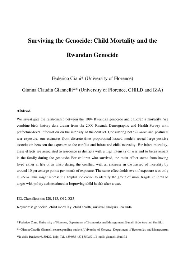 (PDF) Surviving the Genocide: Child Mortality and the Rwandan Genocide