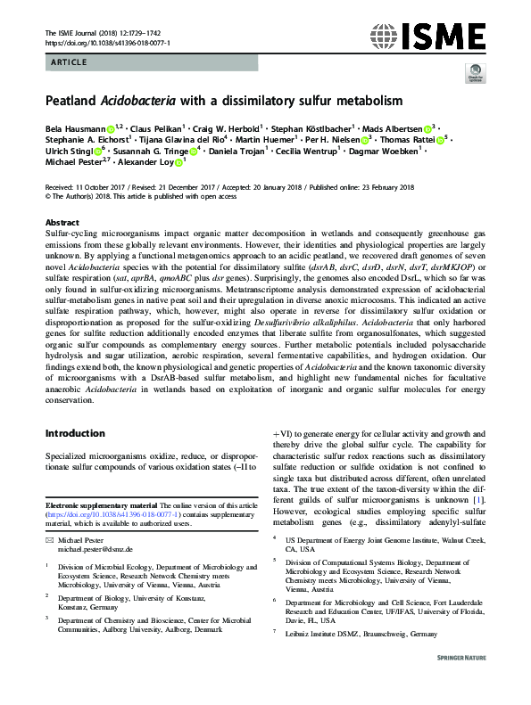 (PDF) Peatland Acidobacteria with a dissimilatory sulfur metabolism