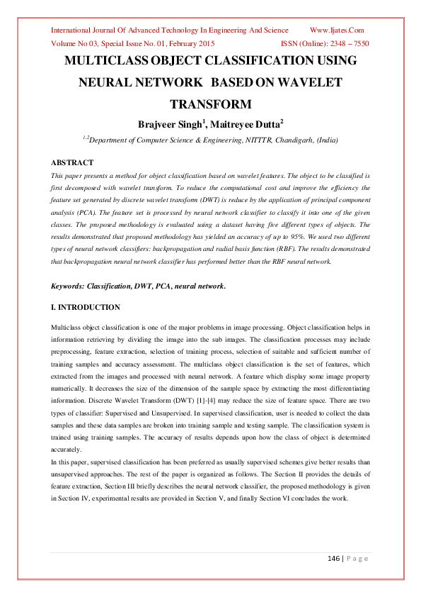 (PDF) Multiclass Object Classification Using Neural Network Based on Wavelet Transform