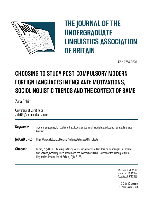 (PDF) Choosing to Study Post-Compulsory Modern Foreign Languages in ...