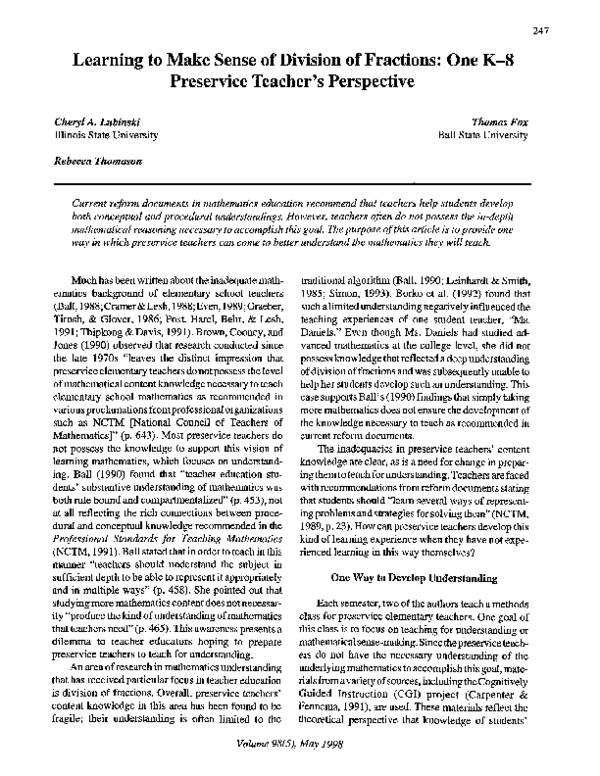 (PDF) Learning to Make Sense of Division of Fractions: One K-8 ...