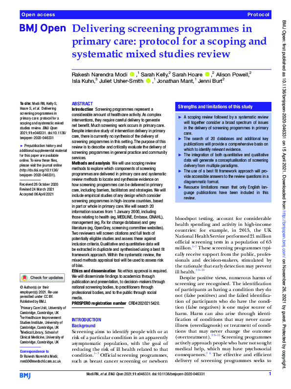 (PDF) Delivering screening programmes in primary care: protocol for a ...