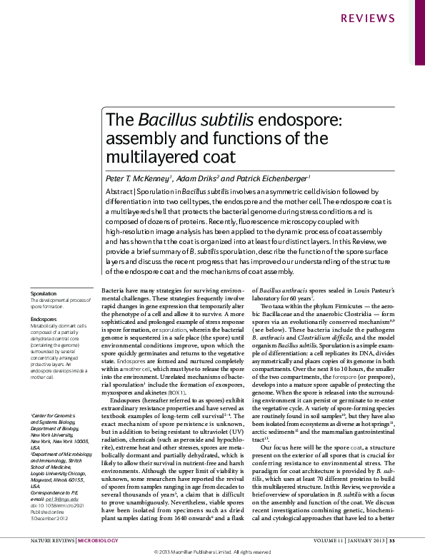 Pdf The Bacillus Subtilis Endospore Assembly And Functions Of The Multilayered Coat
