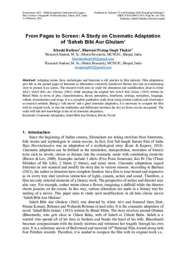 (DOC) From Pages to Screen: A Study on Cinematic Adaptation of 'Saheb ...