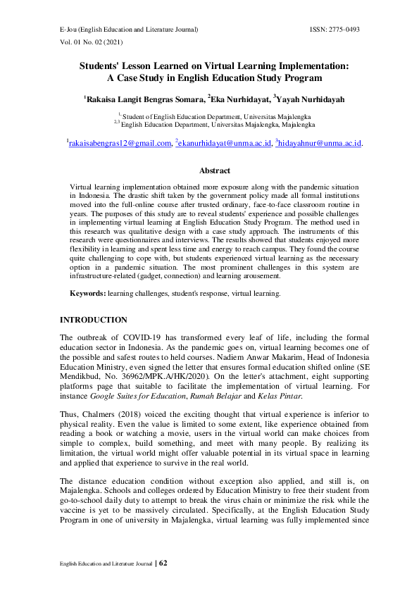 (PDF) Students' Lesson Learned on Virtual Learning Implementation: A Case Study in English ...