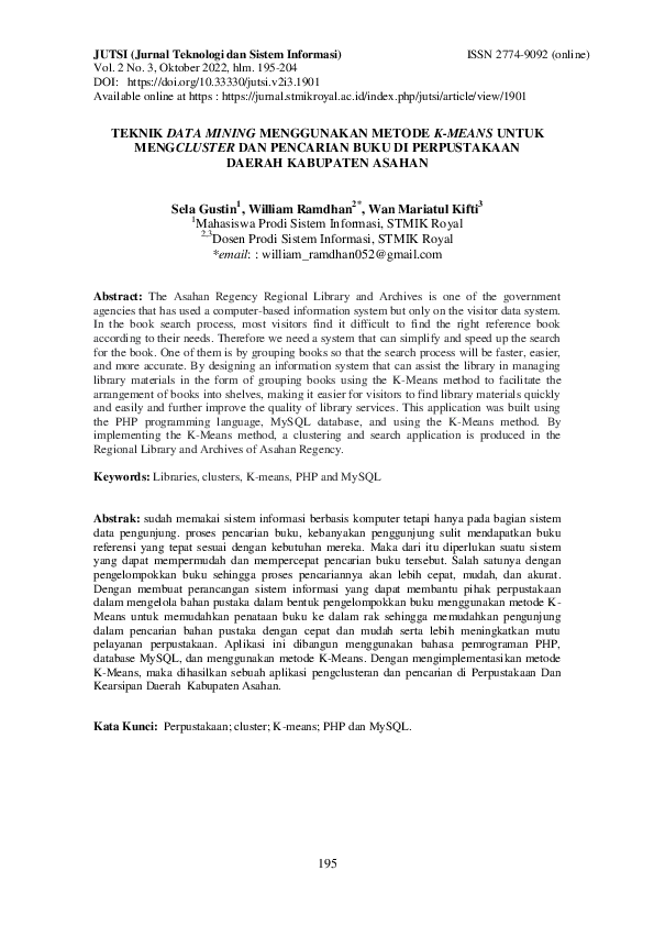 Pdf Teknik Data Mining Menggunakan Metode K Means Untuk Mengcluster
