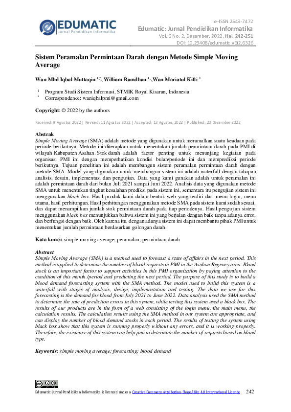 (PDF) Sistem Peramalan Permintaan Darah dengan Metode Simple Moving Average