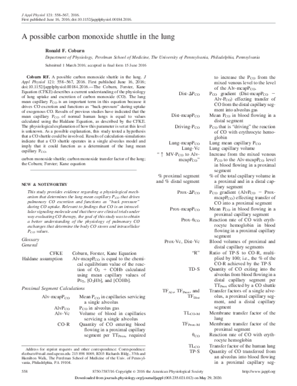 (PDF) A possible carbon monoxide shuttle in the lung
