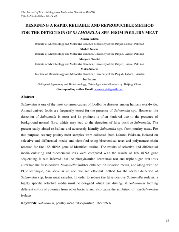 Designing A Rapid Reliable And Reproducible Method For The Detection Of Salmonella Spp From