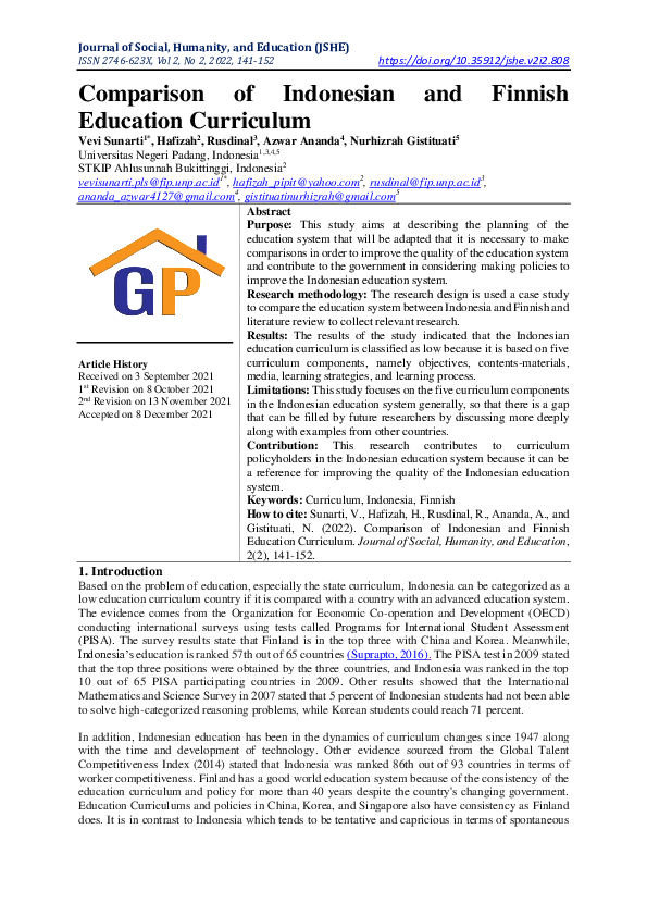 (PDF) Comparison of Indonesian and Finnish Education Curriculum