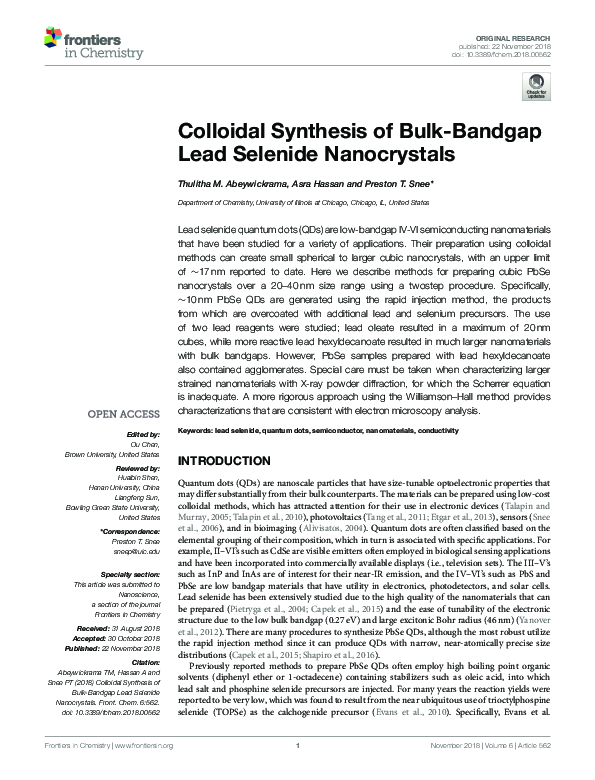 (PDF) Colloidal Synthesis of Bulk-Bandgap Lead Selenide Nanocrystals | Thulitha Abeywickrama ...