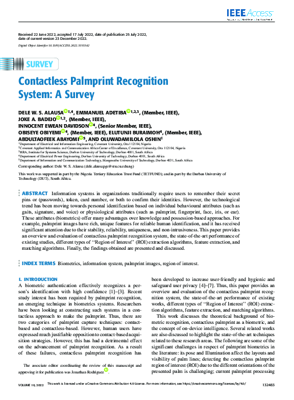 Pdf Contactless Palmprint Recognition System A Survey