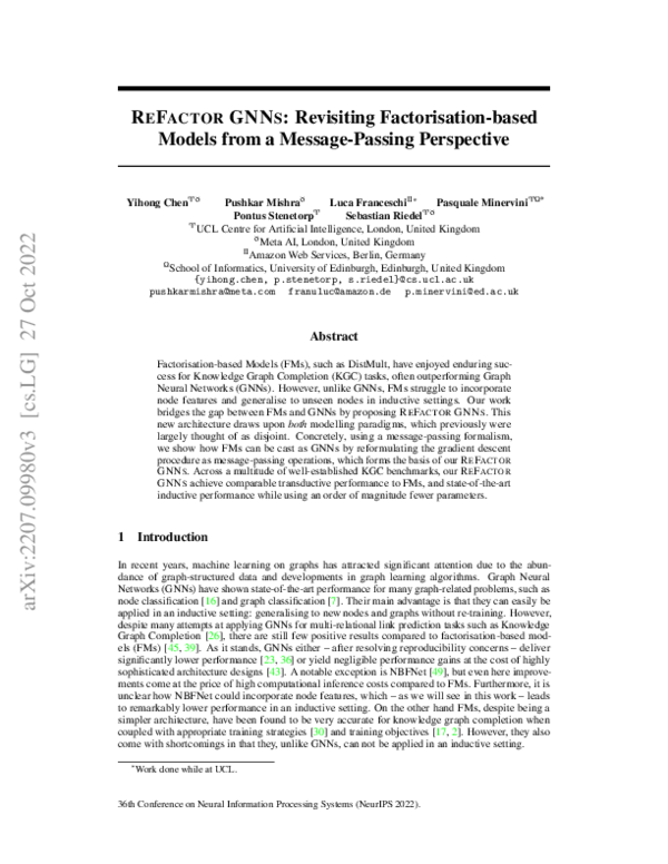 Pdf Refactor Gnns Revisiting Factorisation Based Models From A Message Passing Perspective