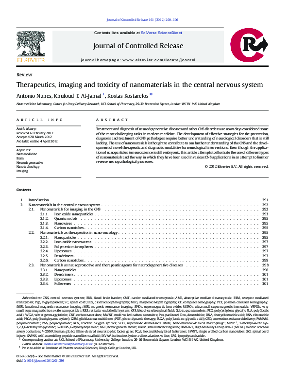 (PDF) Therapeutics, imaging and toxicity of nanomaterials in the central nervous system