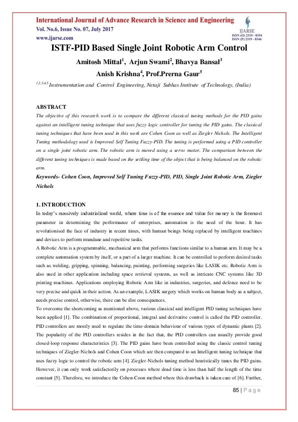 (PDF) ISTF-PID Based Single Joint Robotic Arm Control