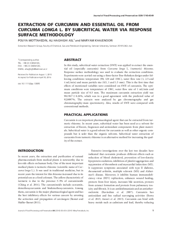 (PDF) Extraction of Curcumin and Essential Oil fromCurcuma longaL. by ...