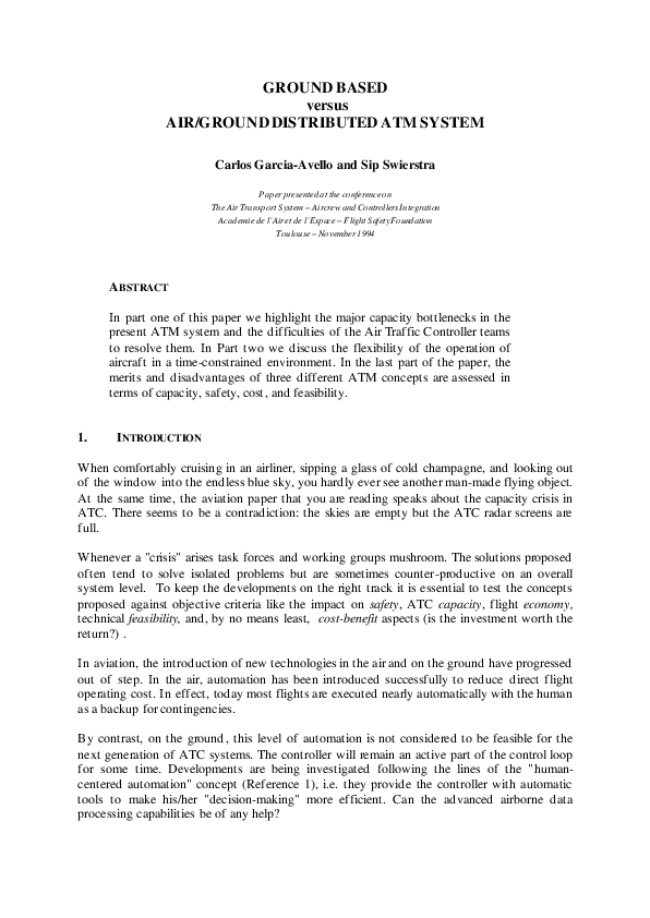 (PDF) Ground-based versus Air/Ground distributed ATM system