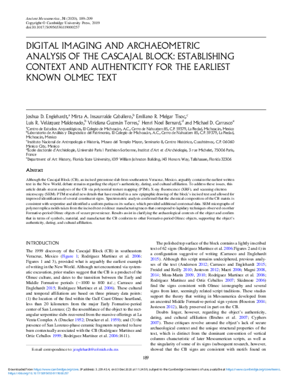 (PDF) Digital Imaging and Archaeometric Analysis of the Cascajal Block: Establishing Context and ...