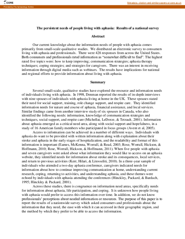 (PDF) The persistent needs of people living with aphasia: Results of a ...
